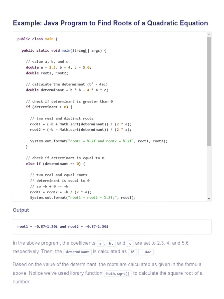 Java Program To Find All Roots of A Quadratic Equation | PDF