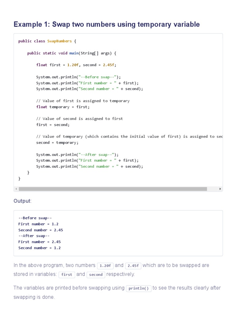 Java Program To Swap Two Numbers Pdf Variable Computer Science Computer Engineering