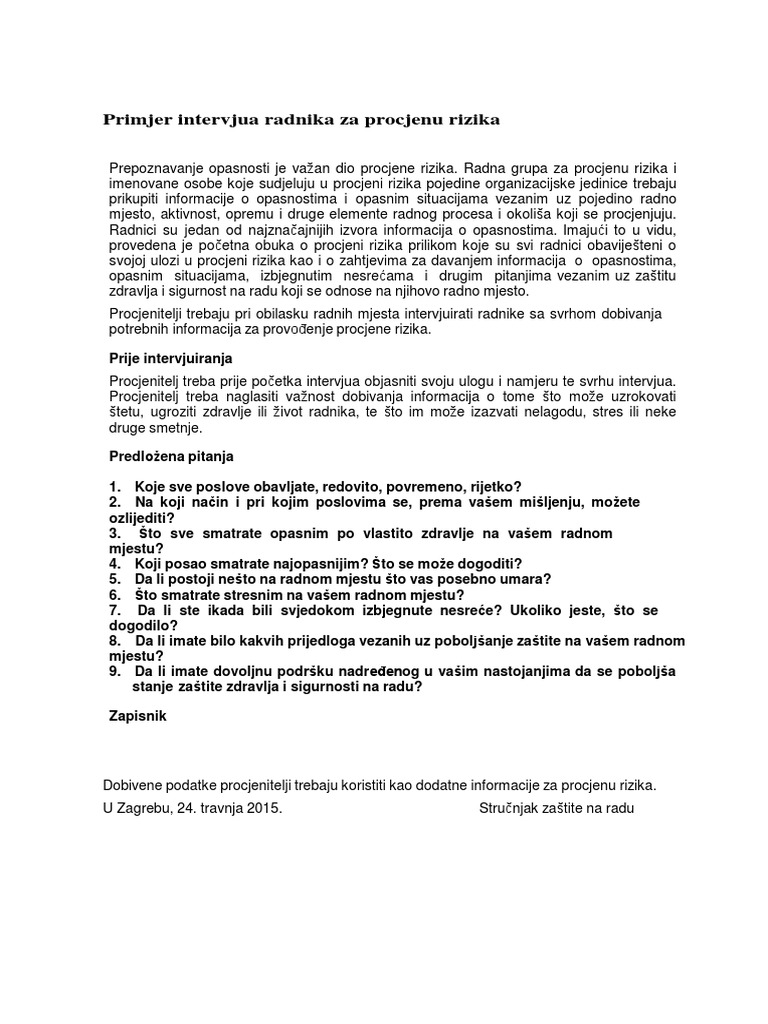Primjer Intervjua Radnika Za Procjenu Rizika | PDF