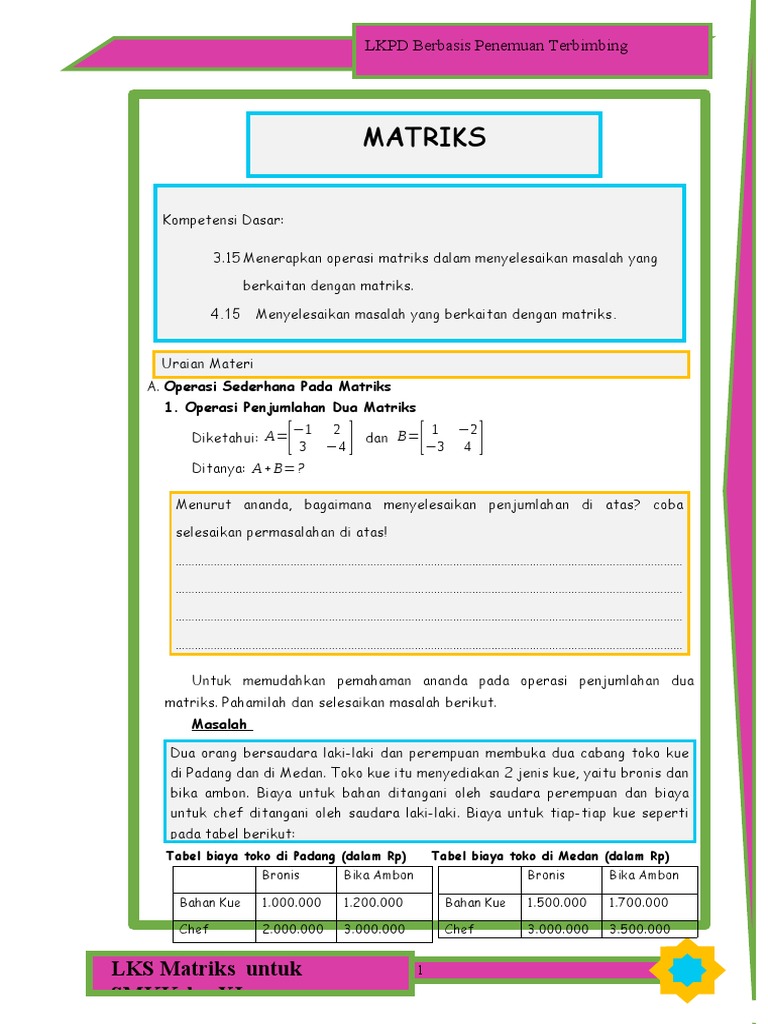 LKS Penjumlahan dan Pengurangan Matriks | PDF