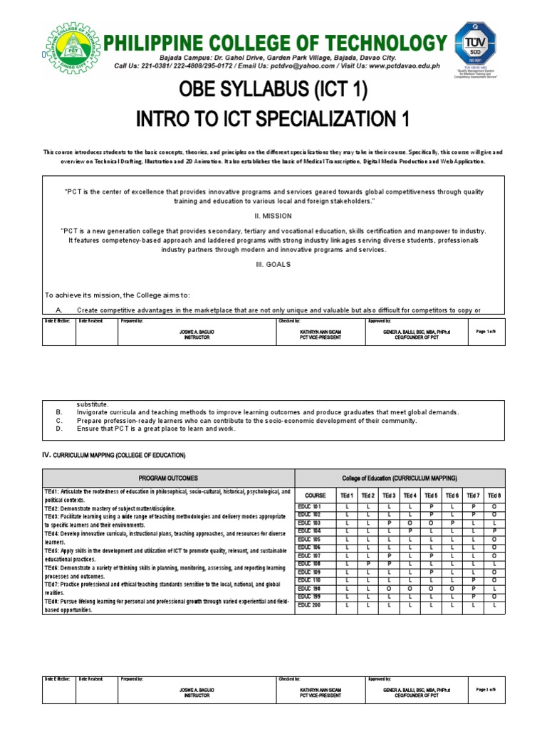 Obe Syllabus (Ict 1) Intro To Ict Specialization 1: Ii. Mission | PDF ...