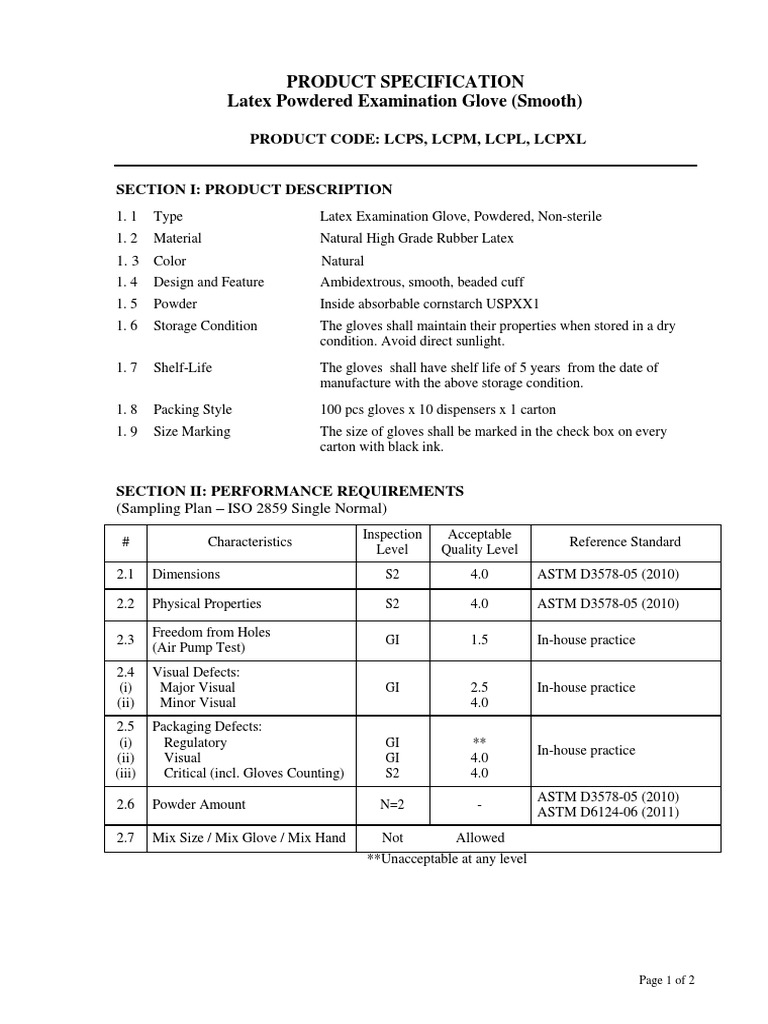 Product Specification Latex Powdered Examination Glove (Smooth) | PDF ...