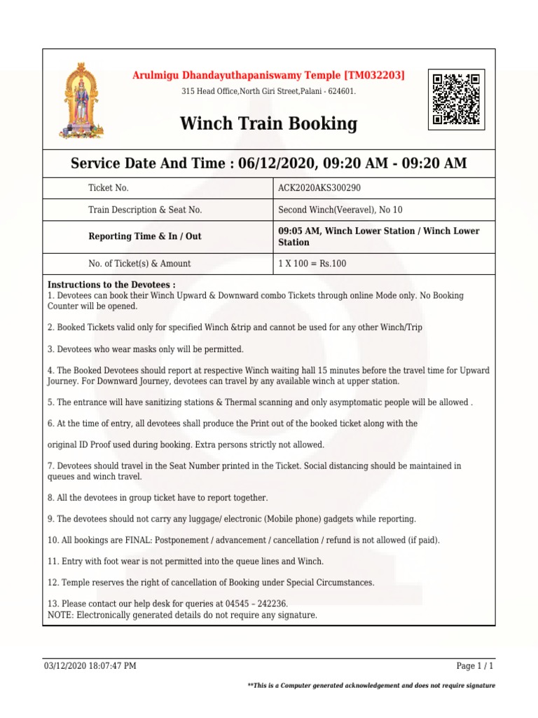 Winch Train Booking: Service Date and Time: 06/12/2020, 09:20 AM - 09: ...