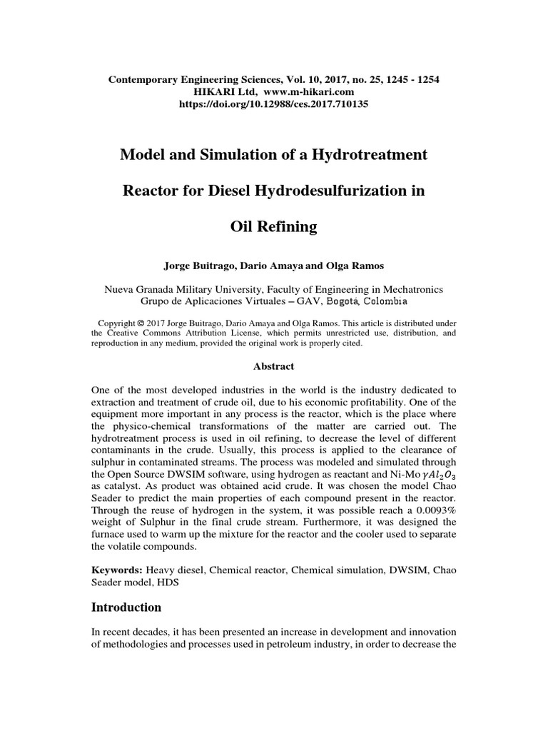 Model and Simulation of A Hydrotreatment Reactor For Diesel Hydrodesulfurization in Oil Refining ...