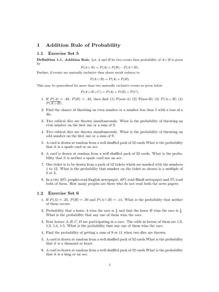 1 Addition Rule of Probability: 1.1 Exercise Set 5 | PDF | Odds ...