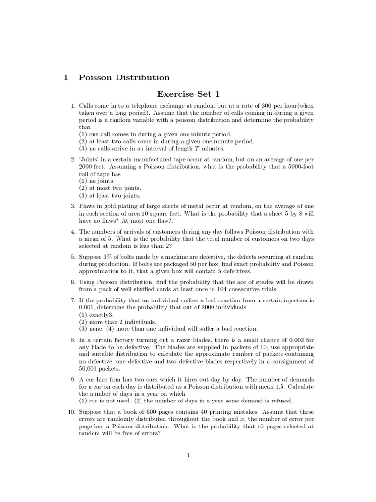 1 Poisson Distribution Exercise Set 1 | PDF | Poisson Distribution ...