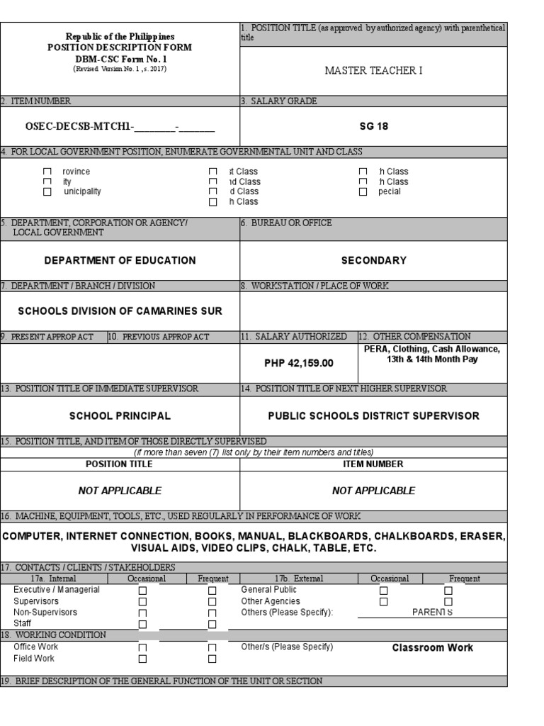 Republic of The Philippines Position Description Form DBM-CSC Form No ...