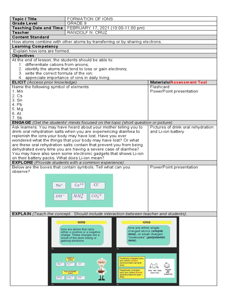 Formation of Ions Lesson Plan | PDF