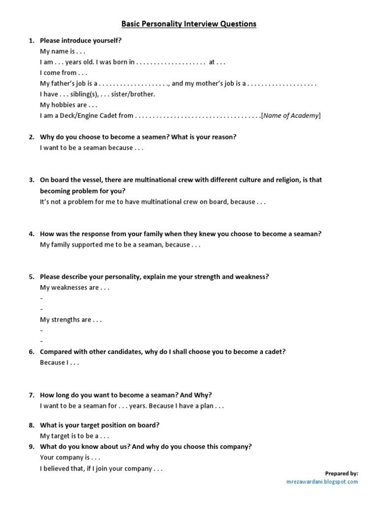 Basic Personality Interview Questions: Prepared by | PDF