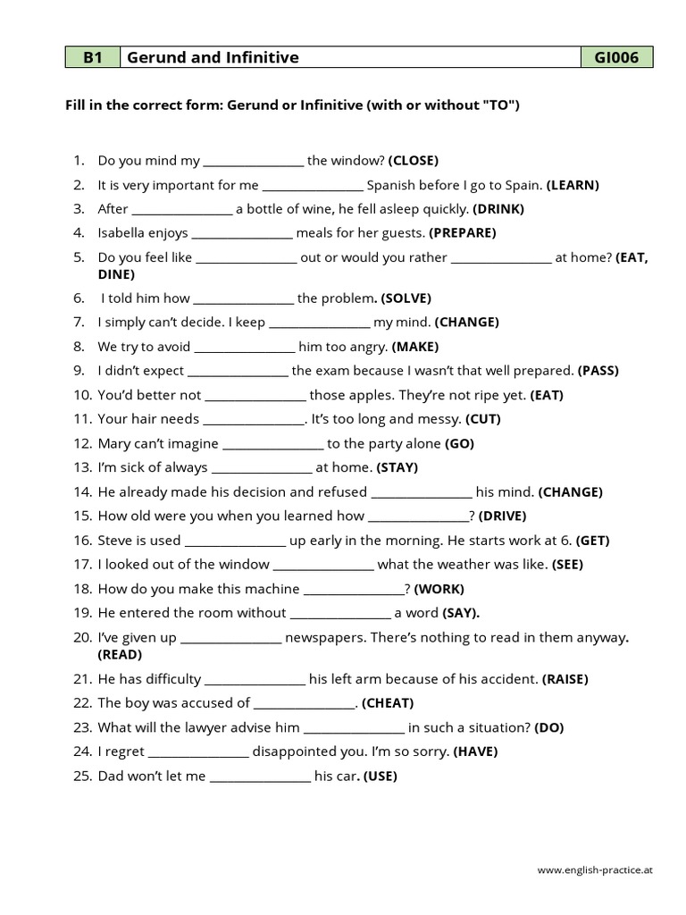 B1 Gerund and Infinitive GI006: Fill in The Correct Form: Gerund or ...