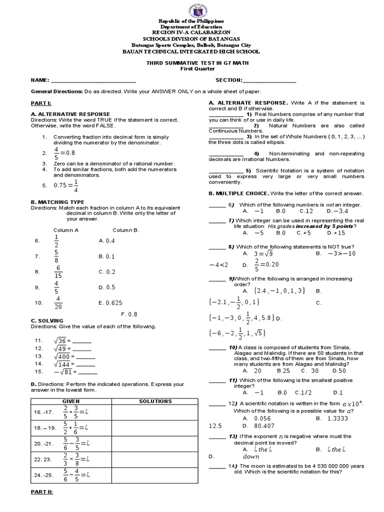 Third Summative Test in G7 Math | PDF | Numbers | Notation