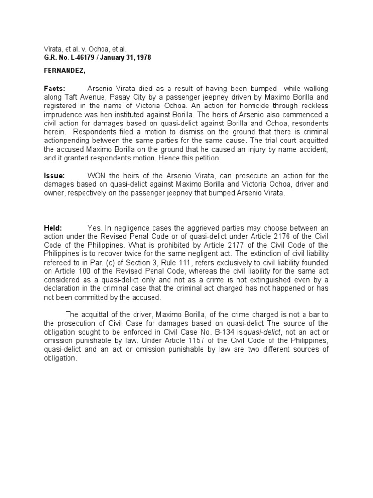 Quasi-Delict Case: Virata v. Ochoa | PDF