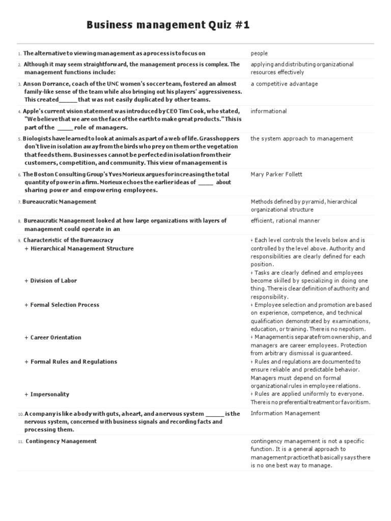 Business Management Quiz | PDF | Bureaucracy | Employment