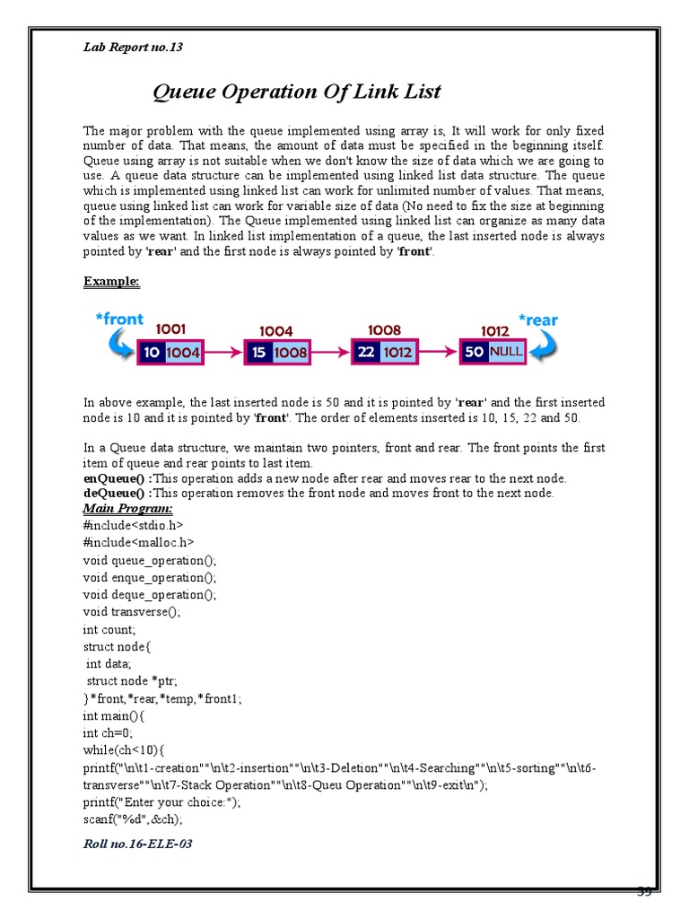 Queue Operation of Link List: Lab Report No.13 | PDF | Queue (Abstract Data Type) | Object ...