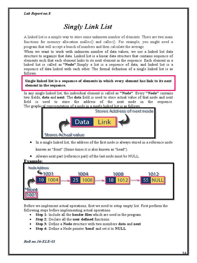 Singly Link List: Lab Report No.8 | PDF | Data | Computer Engineering