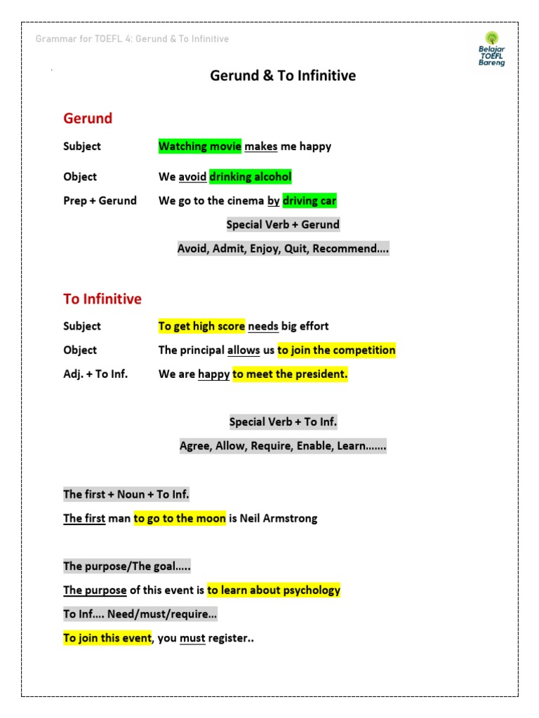 TOEFL Grammar: Gerund vs. Infinitive | PDF