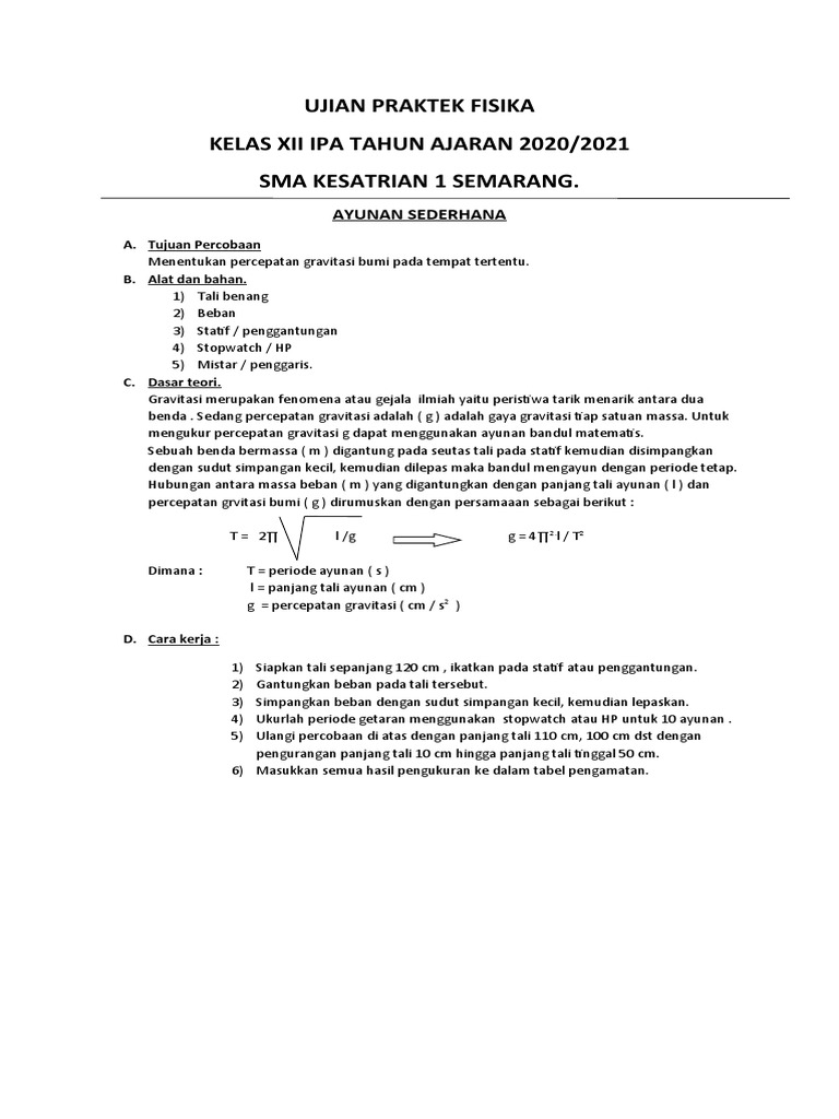 Ujian Praktek Fisika 2020 - 2021 | PDF