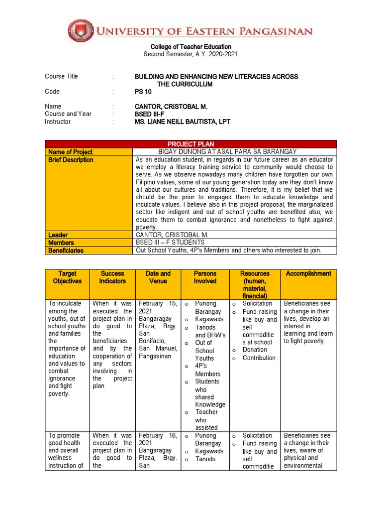 PS 10 Project Plan | PDF | Volunteering | Facilitator