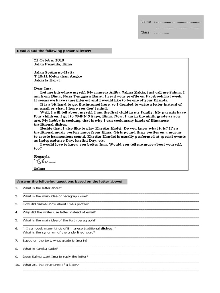 Personal Letter Reading Test | PDF