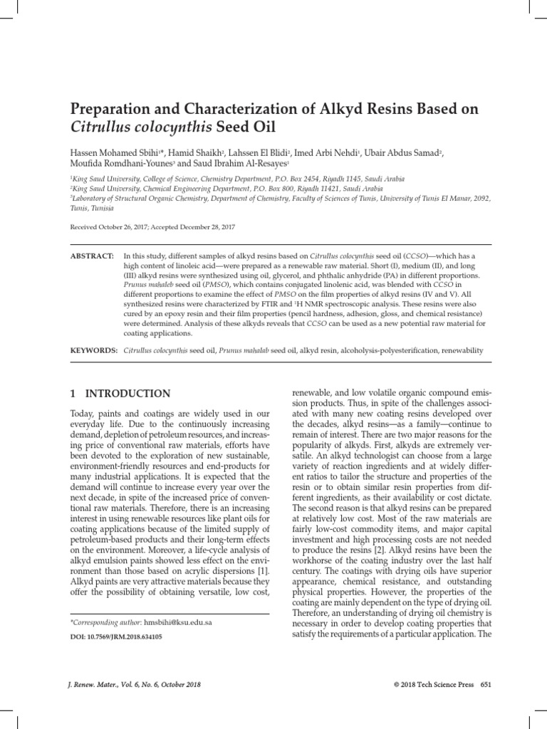 Preparation and Characterization of Alkyd Resins Based On Citrullus Colocynthis Seed Oil | PDF ...