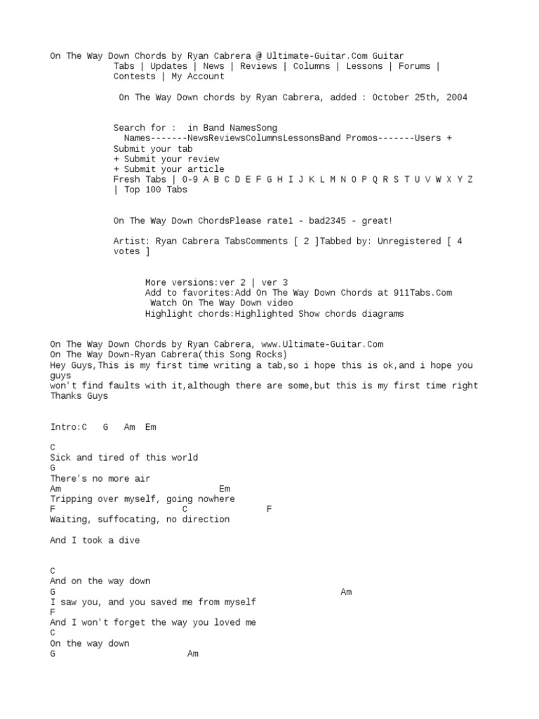 On The Way Down Chords by Ryan Cabrera at Ultimate-Guitar - Com | PDF