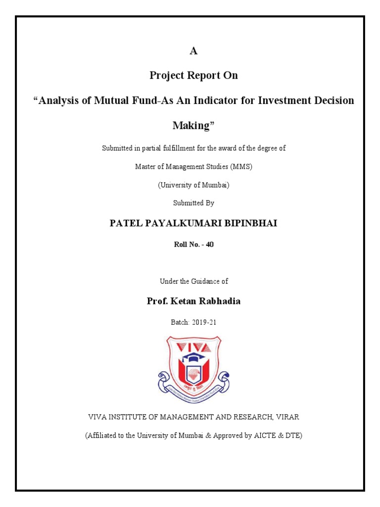 A Project Report On "Analysis of Mutual Fund-As An Indicator For ...