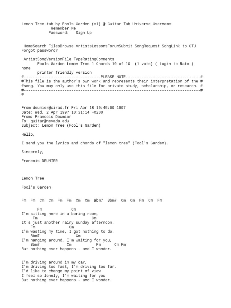 Lemon Tree Tab by Fools Garden (v1) at Guitar Tab Universe | PDF | Song ...
