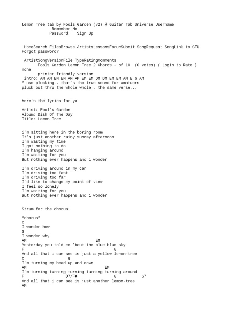 Lemon Tree Tab by Fools Garden (v2) at Guitar Tab Universe | Download ...