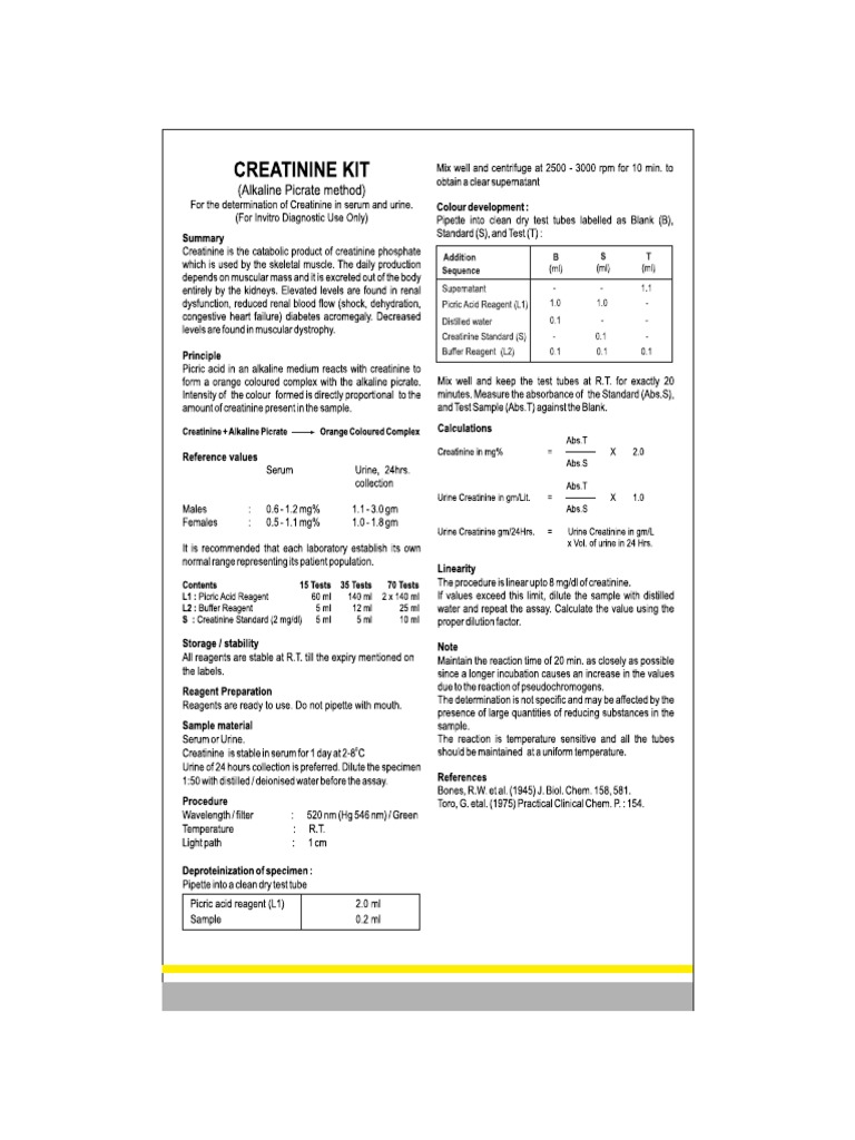 Creatinine Kit Alkaline Picrate Method | PDF