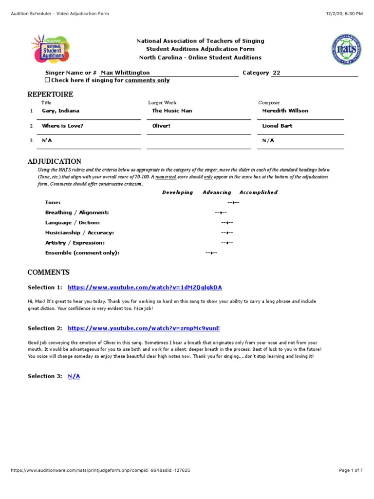 Audition Scheduler - Video Adjudication Form | PDF | Audition | Singing