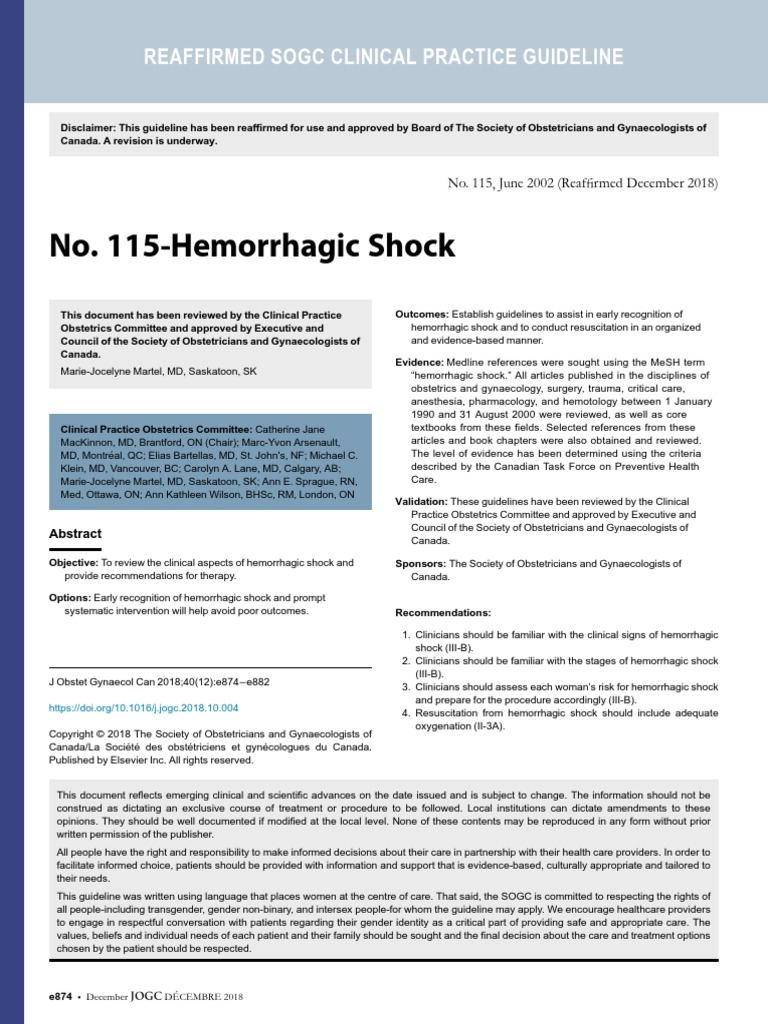 No. 115-Hemorrhagic Shock: Reaffirmed Sogc Clinical Practice Guideline ...