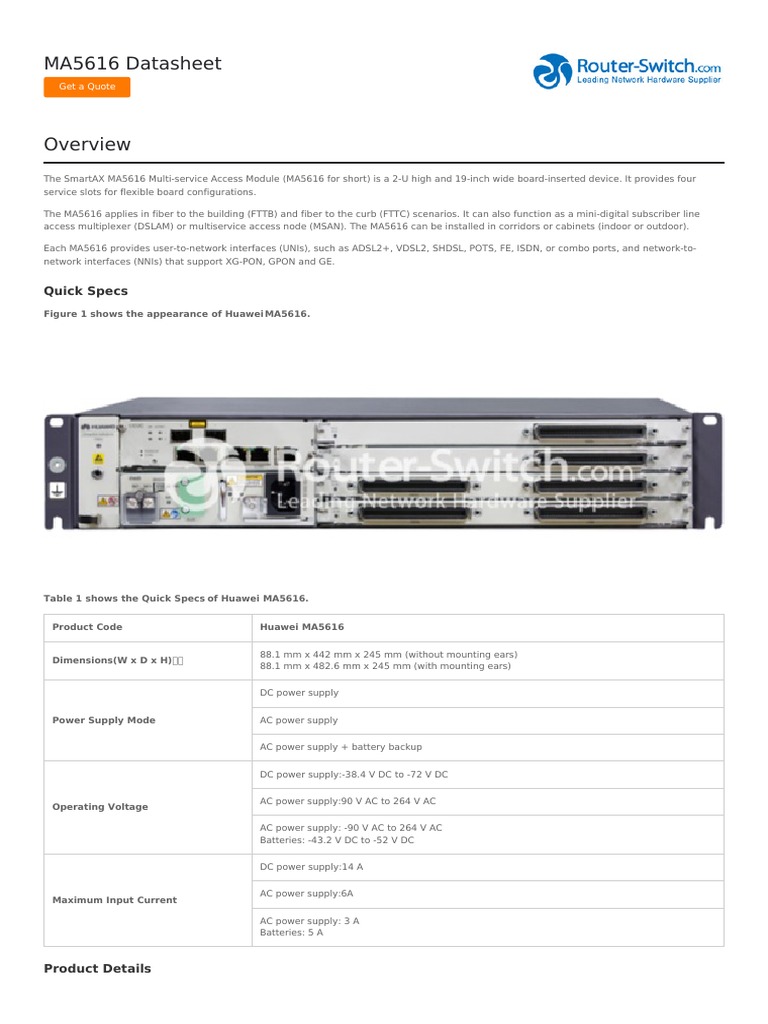 MA5616 Datasheet: Quick Specs | PDF | Fiber To The X | Plain Old ...