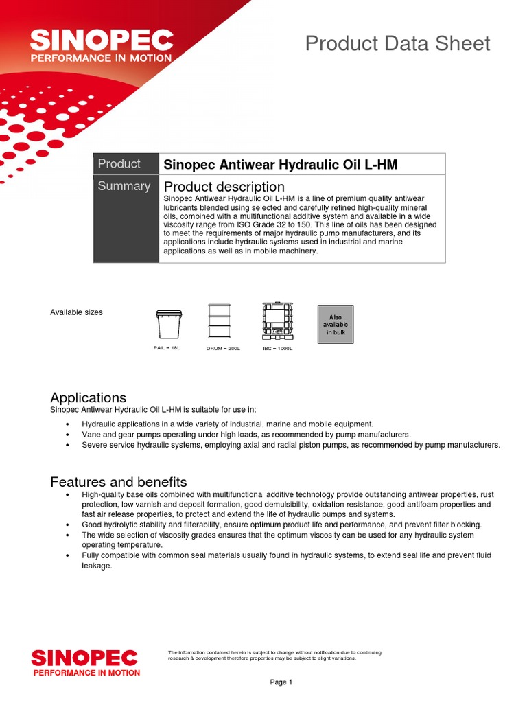 Sinopec Antiwear Hydraulic Oil L-HM | PDF | Pump | Liquids