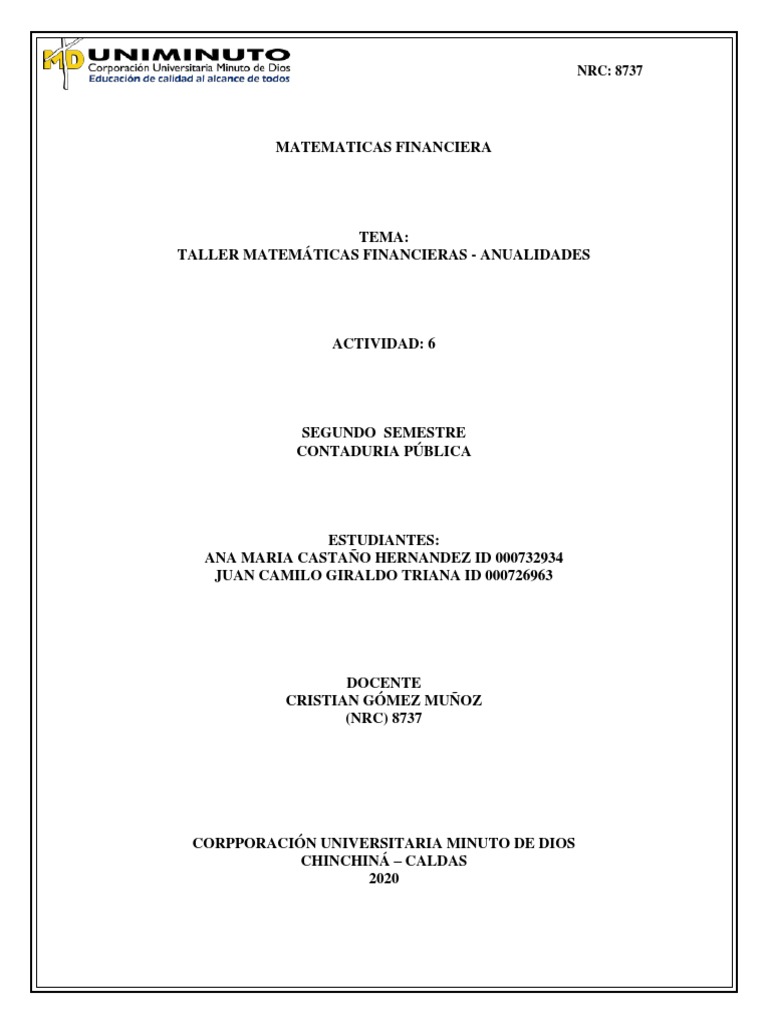 Tabla Matemáticas Financieras - Anualidades Actividad # 6 | PDF