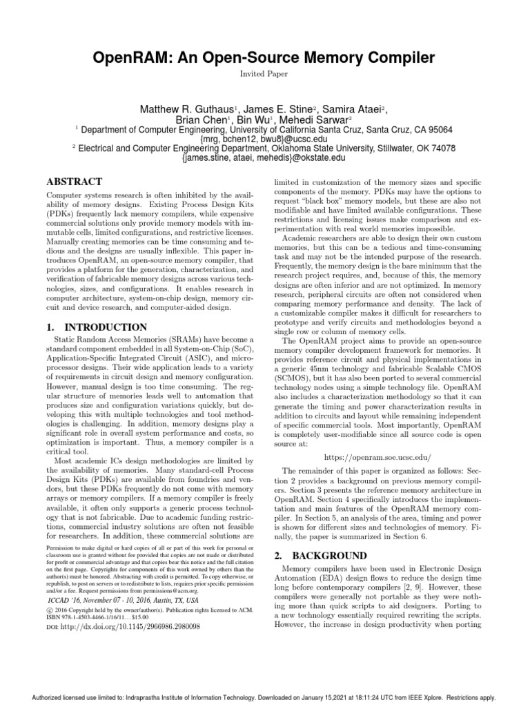 Openram An Open Source Memory Compiler Pdf System On A Chip Random Access Memory