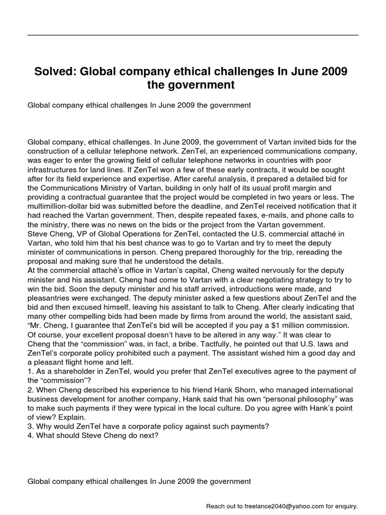 Global Company Ethical Challenges in June 2009 The Government | PDF ...