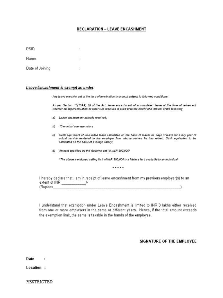 Leave Encashment Declaration | PDF