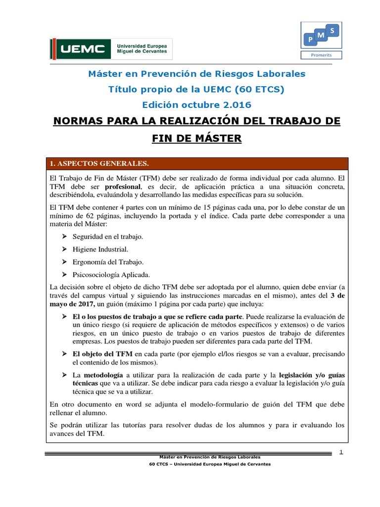 Normas Realización TFM Master Prl-06-Uemc | PDF | Seguridad y salud ocupacional | Lugar de trabajo