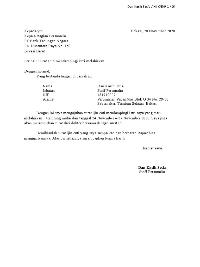 Surat Cuti Mendampingi Istri Melahirkan | PDF