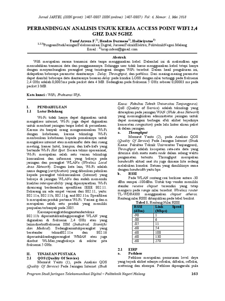 Perbandingan Analisis Unjuk Kerja Access Point Wifi 2,4 GHZ Dan 5Ghz | PDF