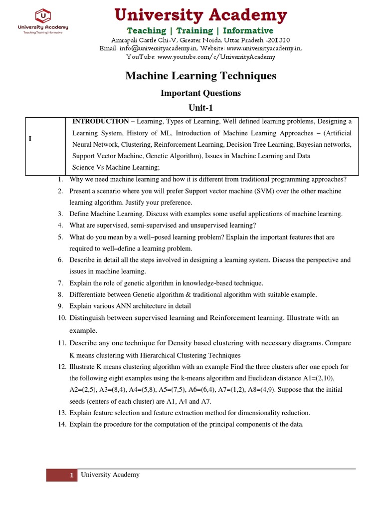 Machine Learning Techniques: Important Questions Unit-1 | PDF | Support ...