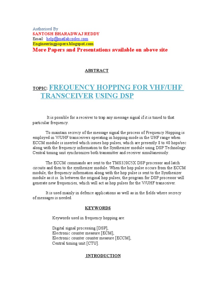 Frequency Hopping in VHF/UHF DSP Systems | PDF | Digital Signal ...