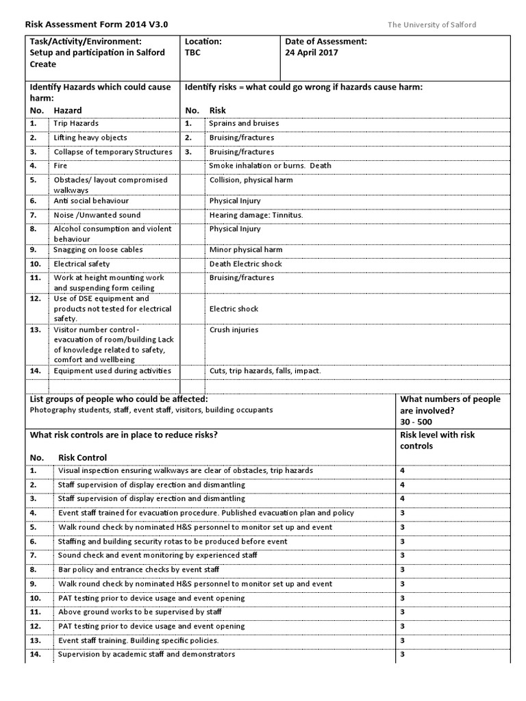 Risk Assessment Proforma V3 - Degree - Show2015-1 | PDF | Risk ...