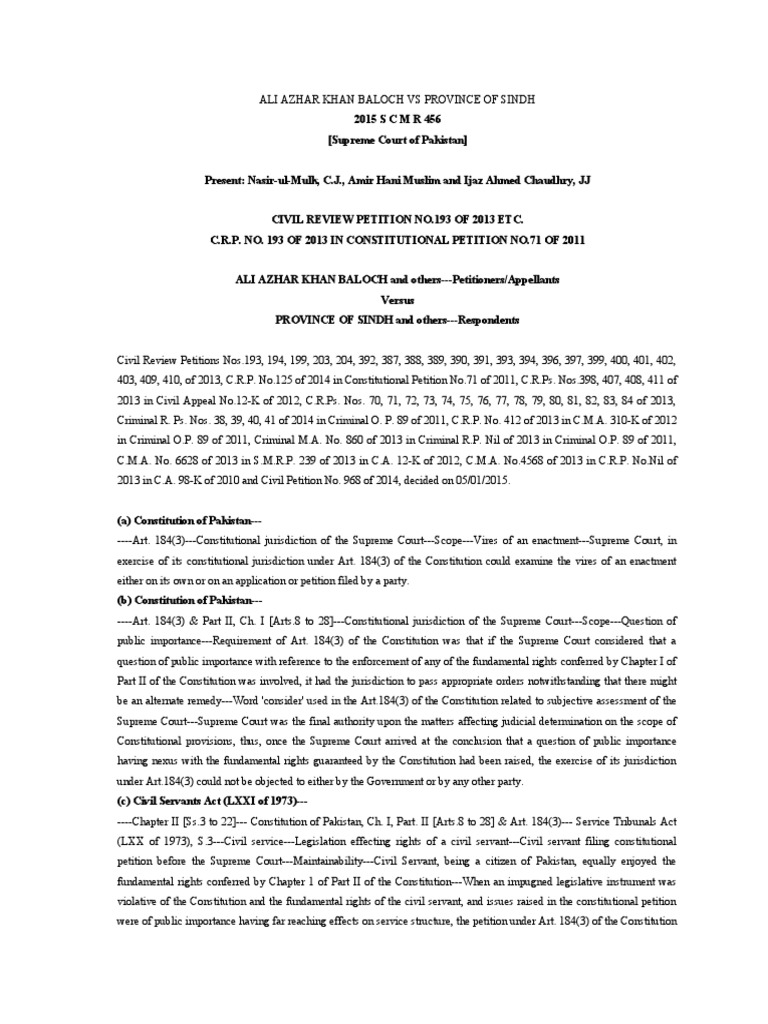 193 of 2013 2015 SCMR 456 Ali Azhar Khan Baloch VS Province of Sindh ...