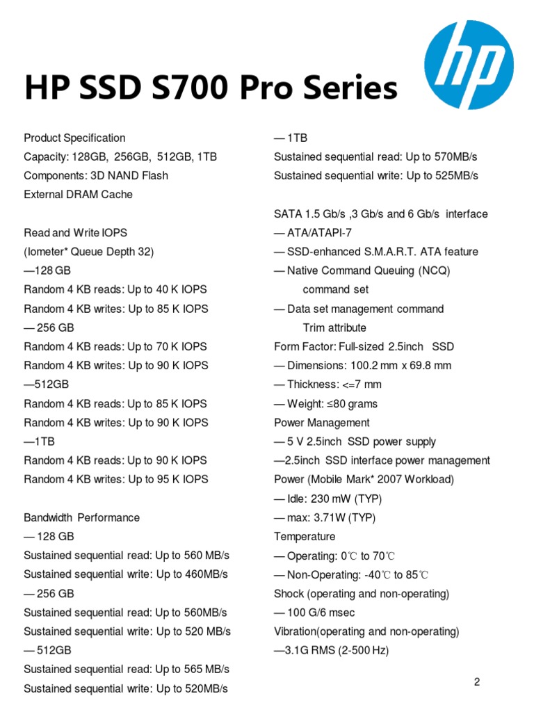 HP SSD S700 Pro 2.5 Datasheet V2 | PDF | Hard Disk Drive | Solid State ...