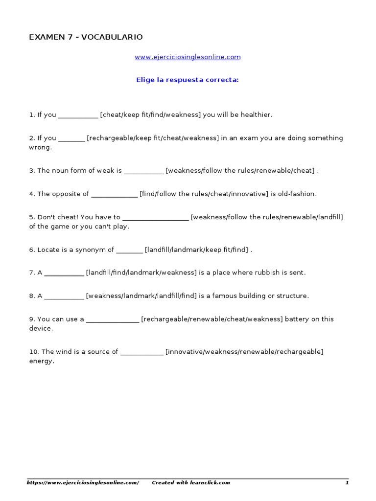 Examen 7 - Vocabulario: Elige La Respuesta Correcta | PDF