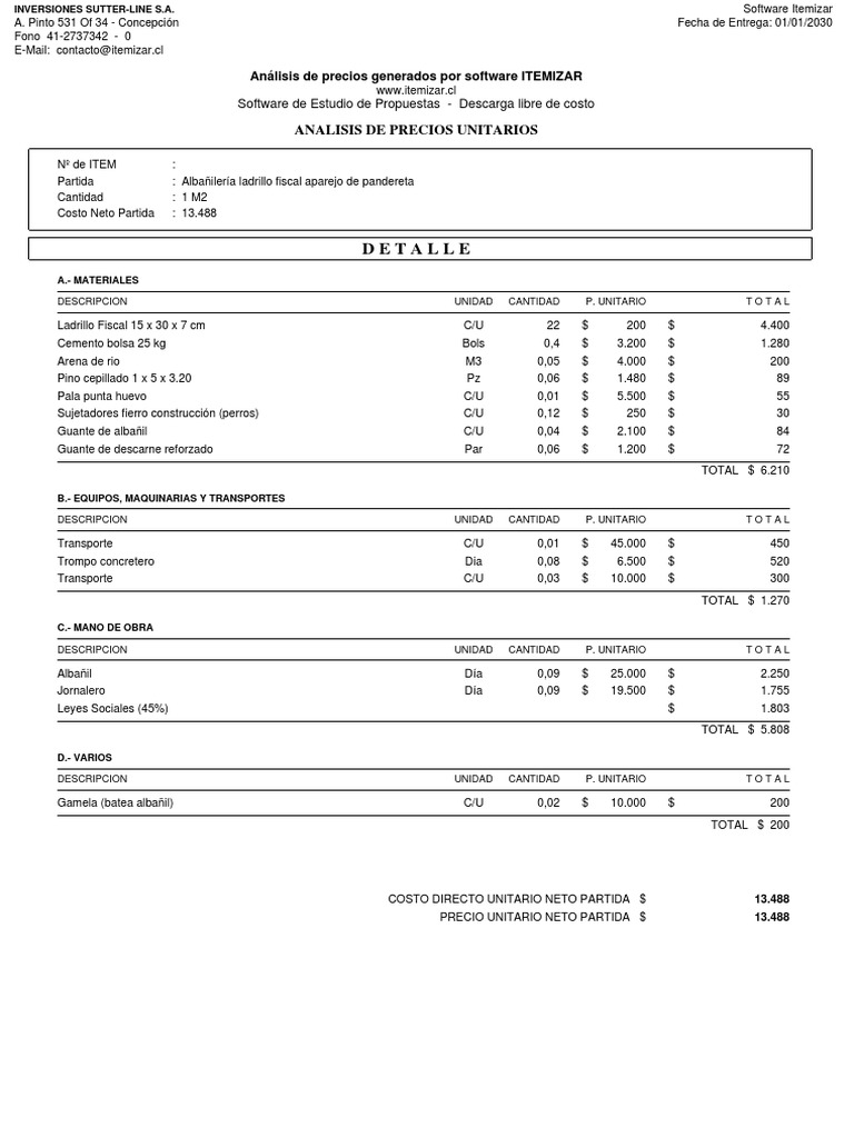 APU - Albañilería Ladrillo Fiscal Aparejo de Pandereta | PDF ...