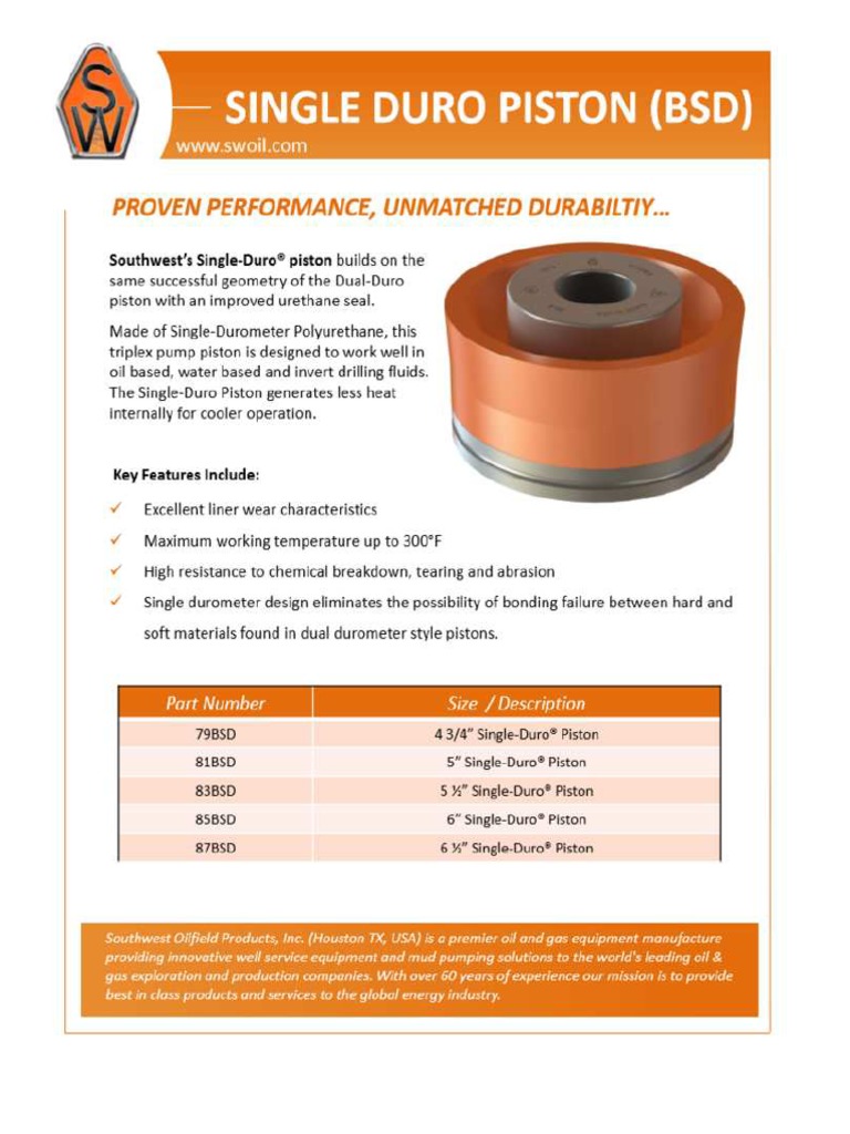Single Duro Piston (BSD) Southwest Oilfield Products | PDF