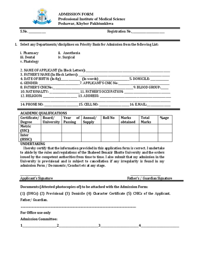 Admission Form Professional Institute of Medical Science Peshawar ...