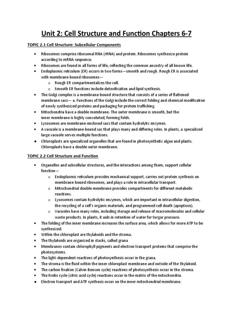 Unit 2: Cell Structure and Function Chapters 6-7 | PDF | Cell Membrane ...